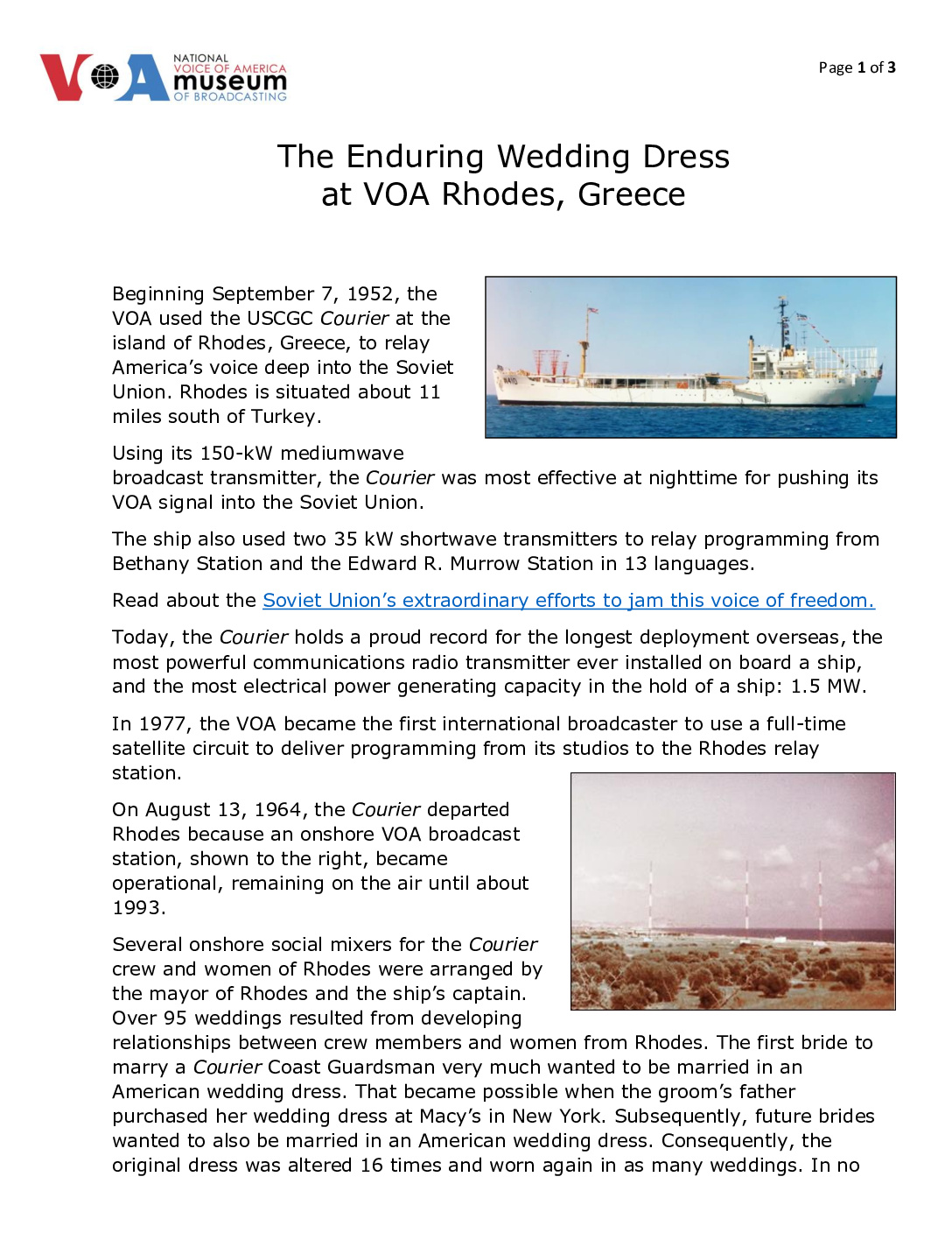 The Enduring Wedding Dress at VOA Rhodes, Greece | National VOA Museum of Broadcasting