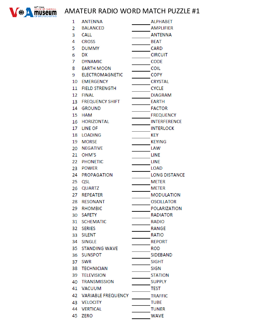 amateur-radio-word-match-puzzle | National VOA Museum of Broadcasting